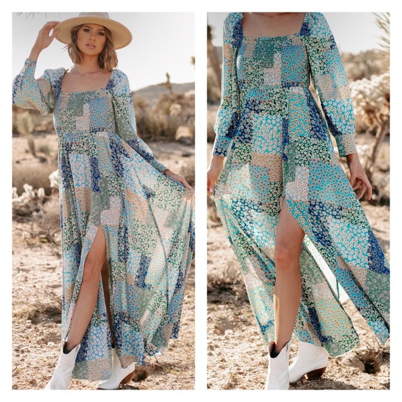 Aakaa | Dresses | Nwt Aakaa Floral Boho Long Maci Dress Patchwork Blue ...